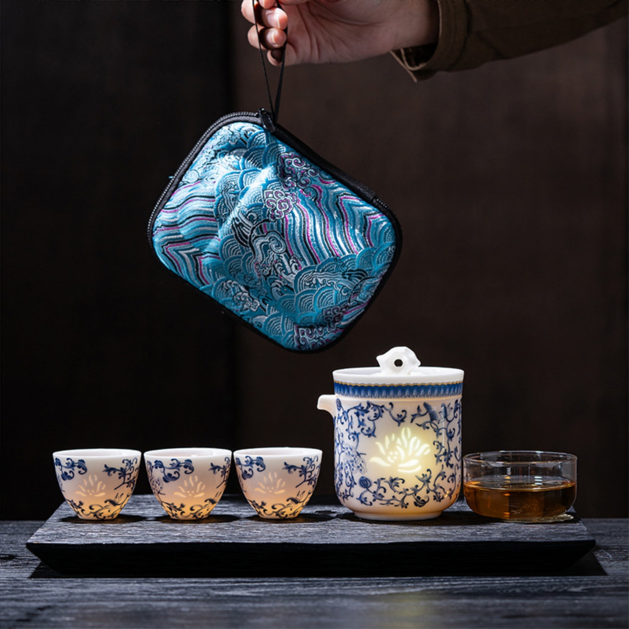 Blue and White Pattern Linglong Nephrite Porcelain Tea Set