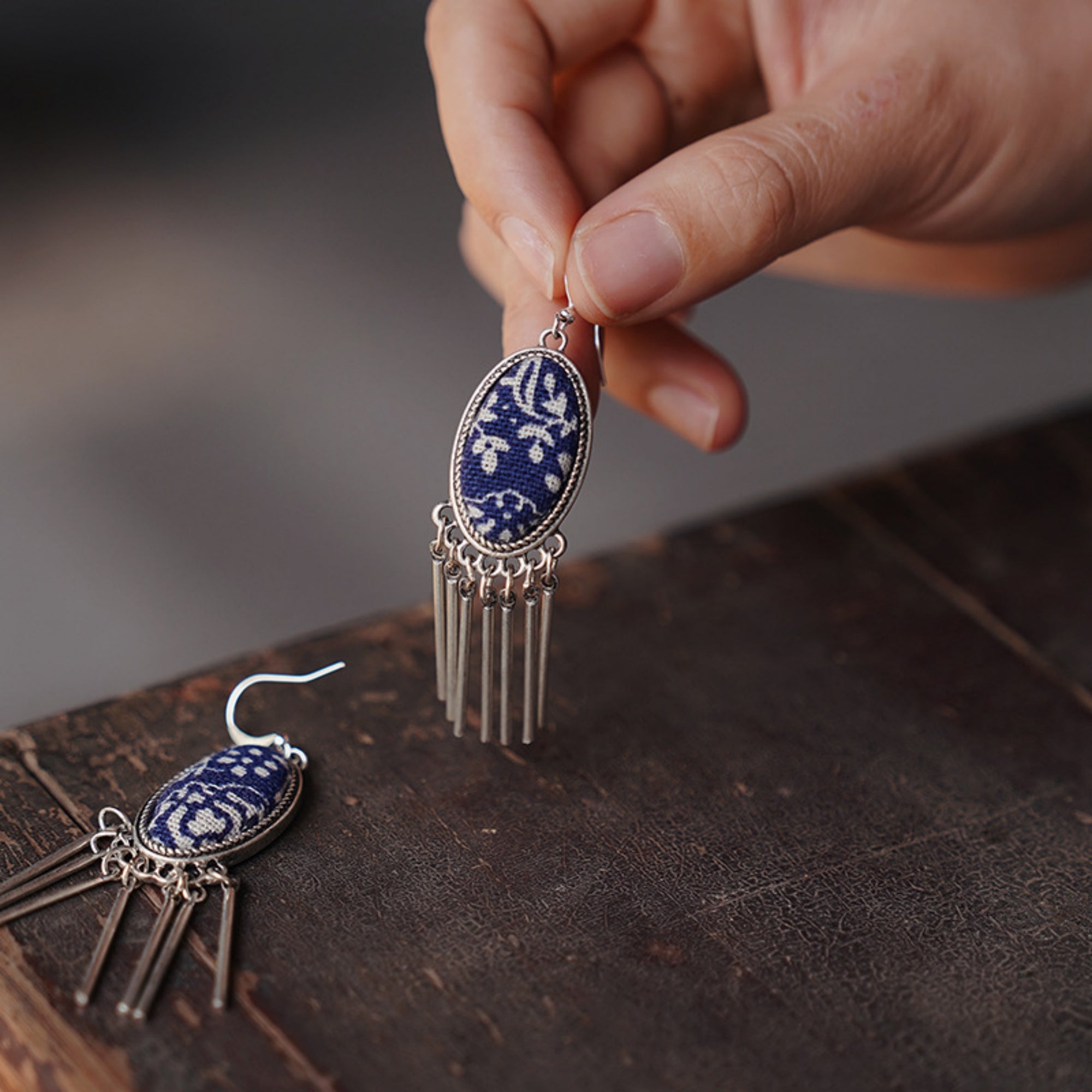 QiLing Aura Indigo Dyed Handmade Miao Earrings
