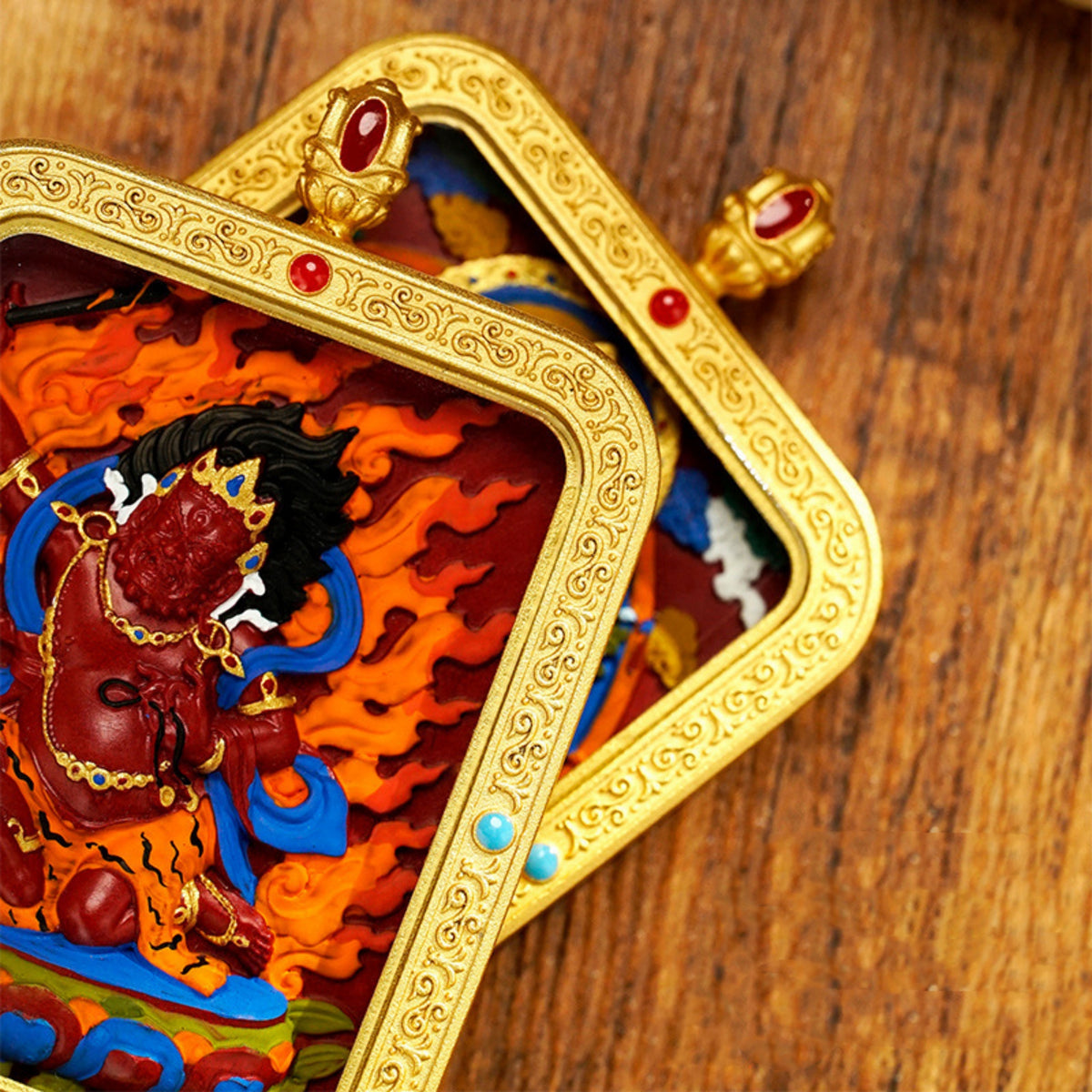 QiLing Aura Hand-Painted Thangka Red Sand Brass Pendant Necklace (Ga W