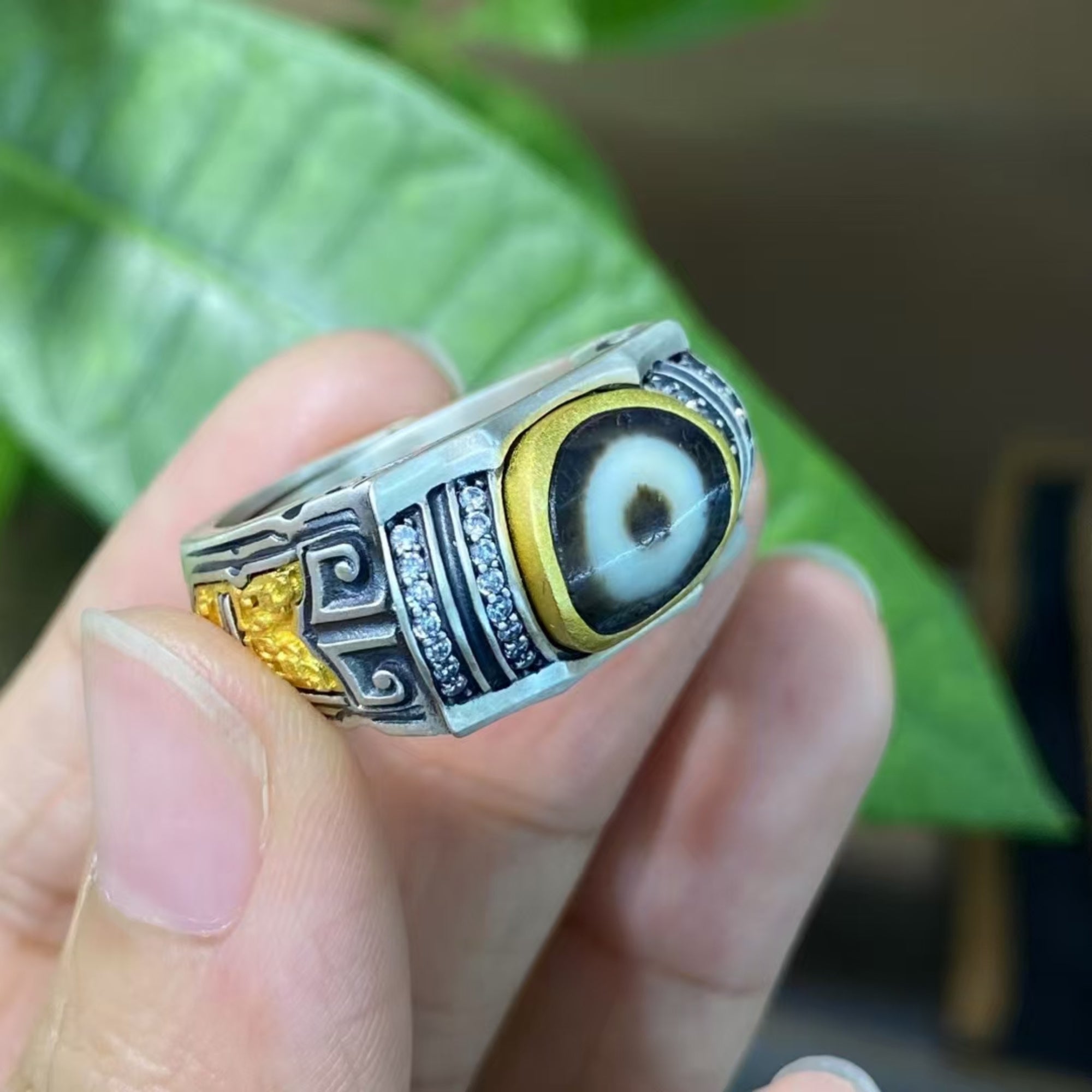 Tibetan Bronze Kui Dragon Dzi Silver Ring