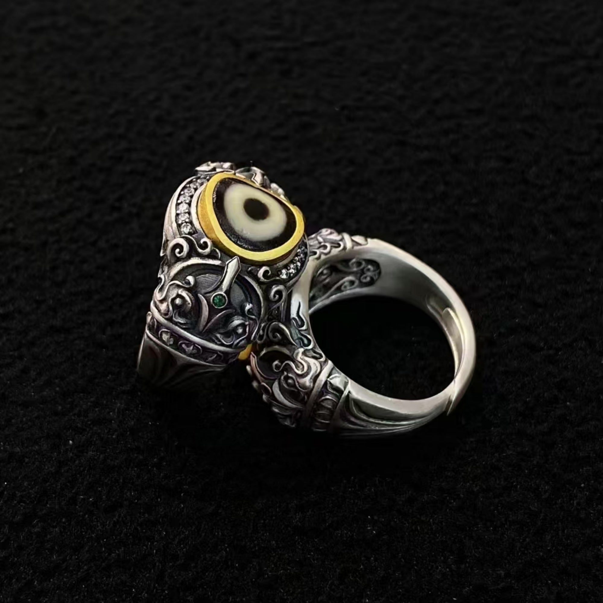 Tibetan Buddhist Vajrakilaya Silver Ritual Ring with Dzi Bead