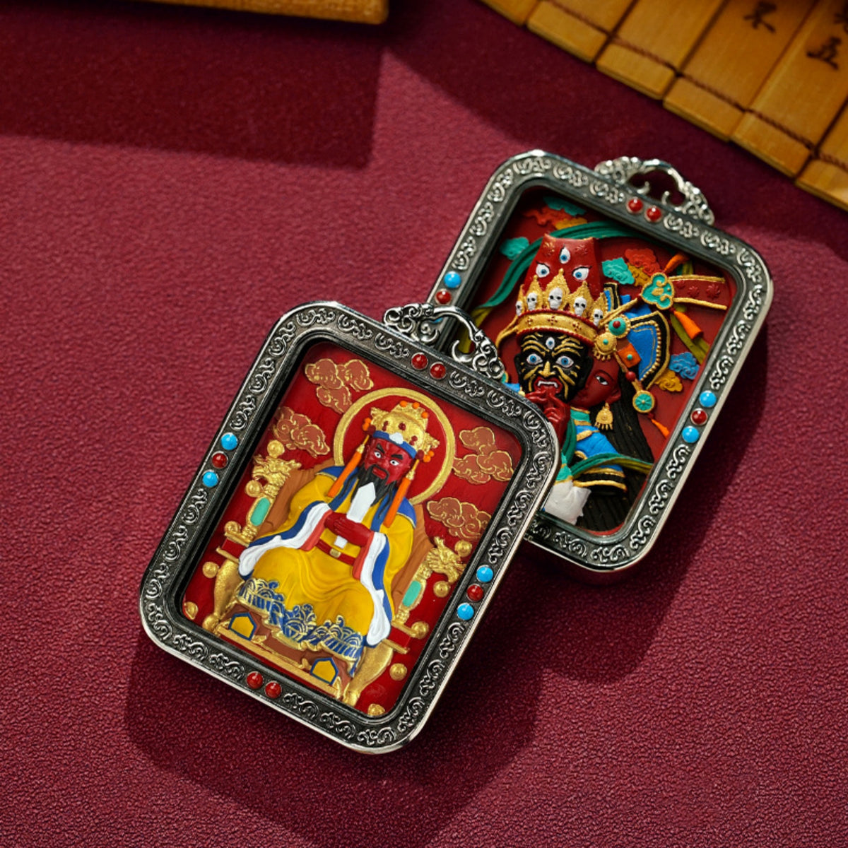 QiLing Aura Hand-Painted White Copper Tibetan Buddhist Pendant Necklac